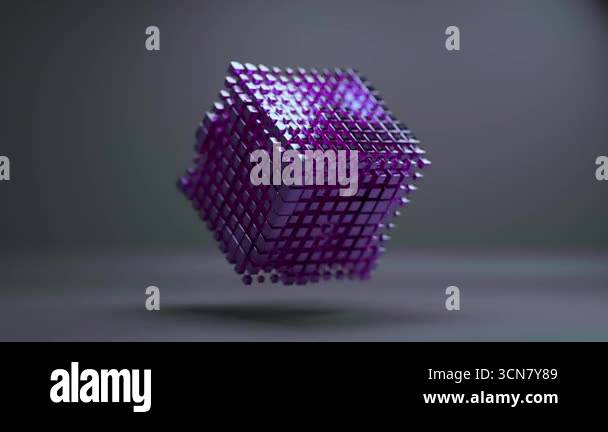 Shimmering purple voxel elements form a futuristic animated cube ...