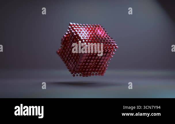 Shimmering red geometric structure, composed of numerous small cubes ...