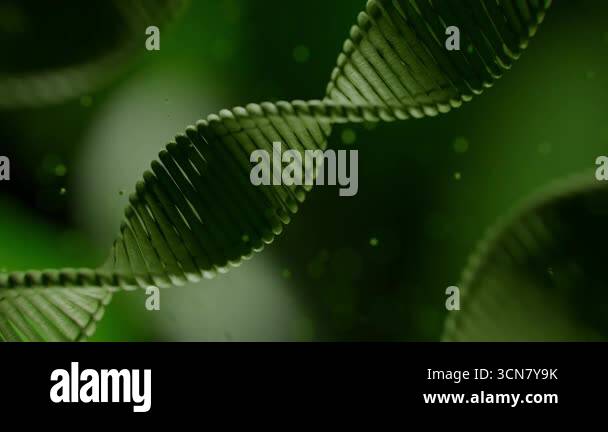 Green DNA double helix structure rotating with subtle particles on a ...