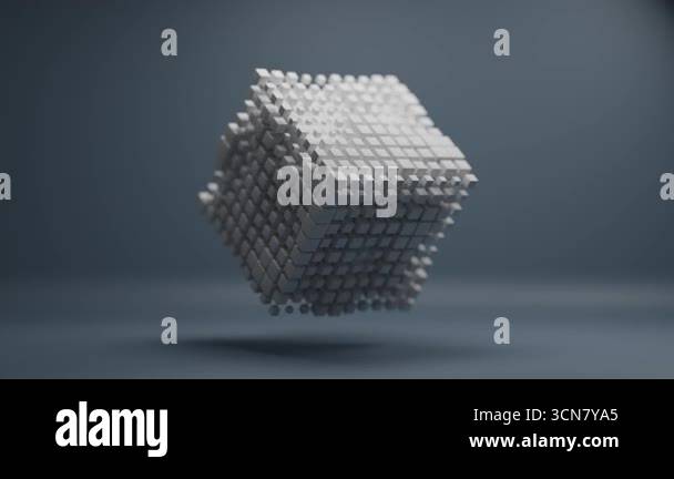 White cube dynamically transforms, composed of smaller blocks that ...