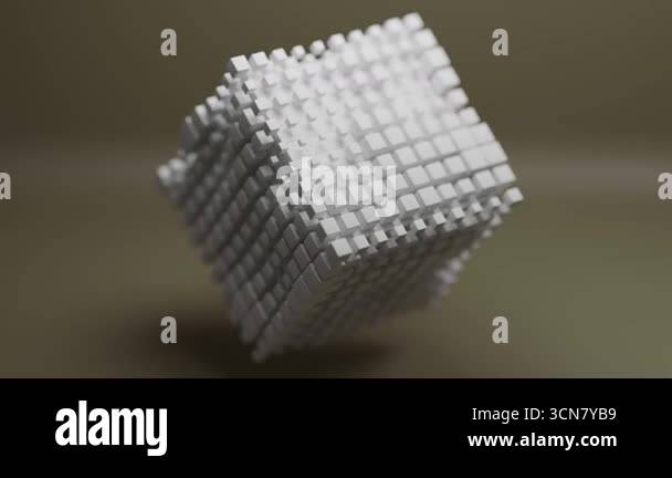 White digital cube made of smaller blocks dynamically morphs and ...