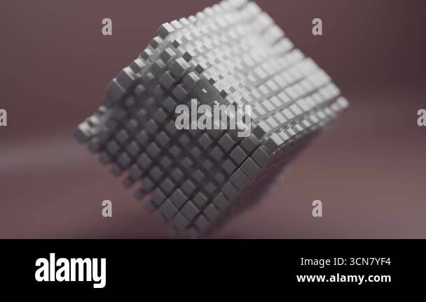 Animated abstract cube made of many small white blocks, dynamically ...
