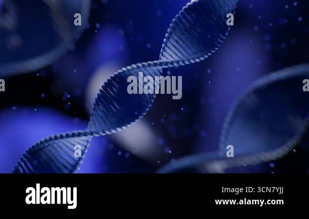 Dynamic animation of a blue DNA double helix rotating in a futuristic scientific environment ...