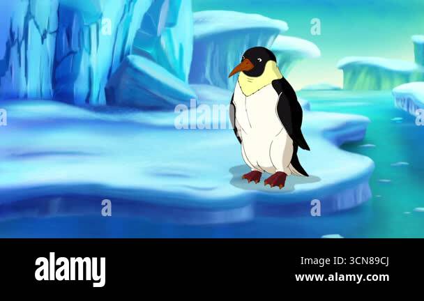 A cute emperor penguin stands on a snowy ice floe amidst a serene blue ...