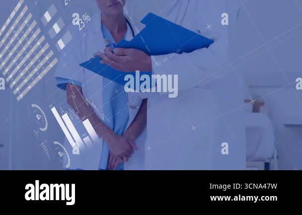Doctor and nurse reviewing medical chart data while overlays fading in ...