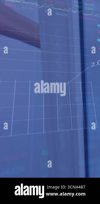 Animation of financial data processing over caucasian man opening door ...