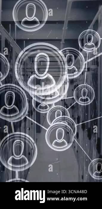 In server room, animation of user icons network representing digital communication. Technology ...