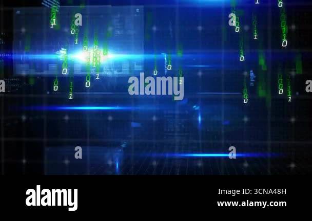 Bright blue flare flaring at center streaming green binary digits ...