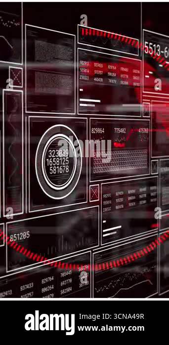 Animation of digital data and numbers overlaying red globe with tech elements. Technology ...