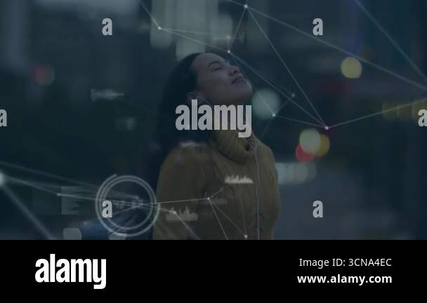 woman raising and adjusting white earbuds and tapping smartwatch ...