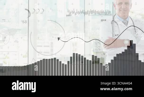 Doctor shifting stance as data intensifying around bar chart year ...