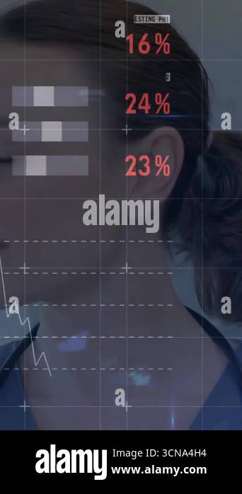 Data visualization animation over smiling woman with global testing ...