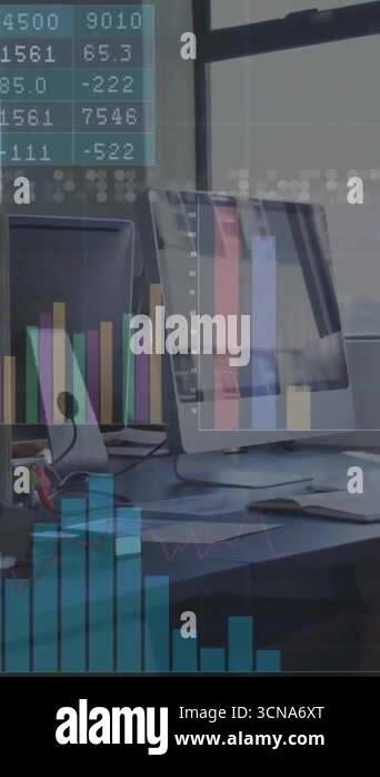 Businessman working at desk with financial data and graphs overlay ...