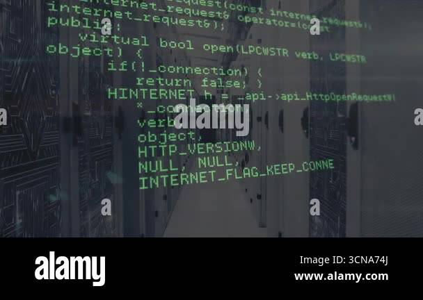 Triggered by read loop, green code overlay scrolling over data corridor ...