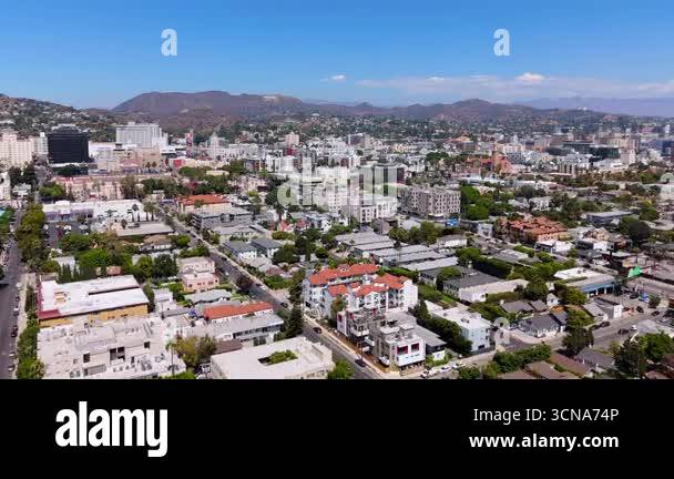 Aerial drone footage of the Hollywood neighborhood in Los Angeles ...