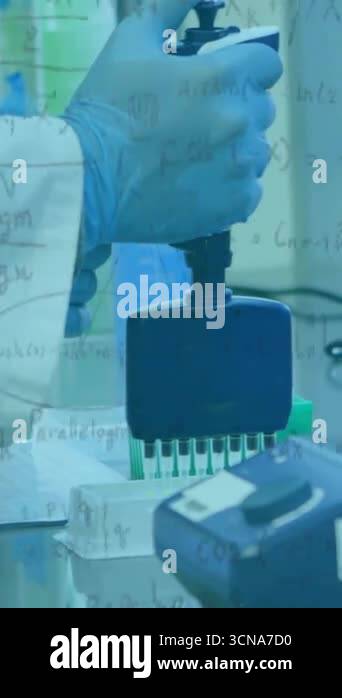 Animation of mathematical equations over female scientist working in ...