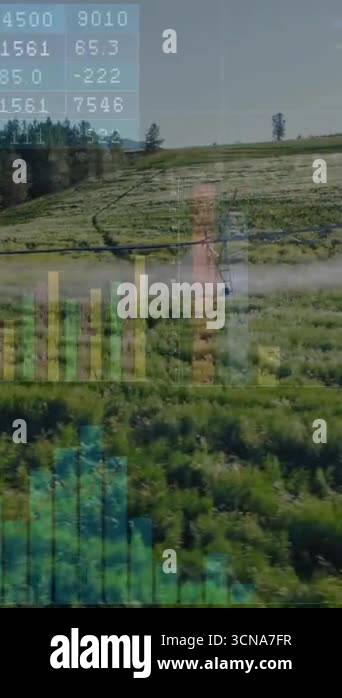 Agricultural data analysis animation over farmers working in green ...