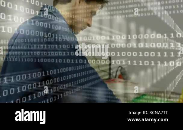 Technician leaning inspecting PCB wiring supply adjusting knob with binary overlay for tech ...