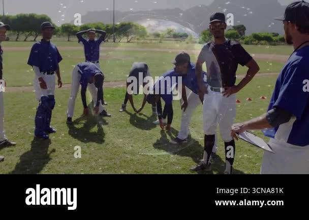 Coach calling baseball players stretching on field, preparing for drill ...