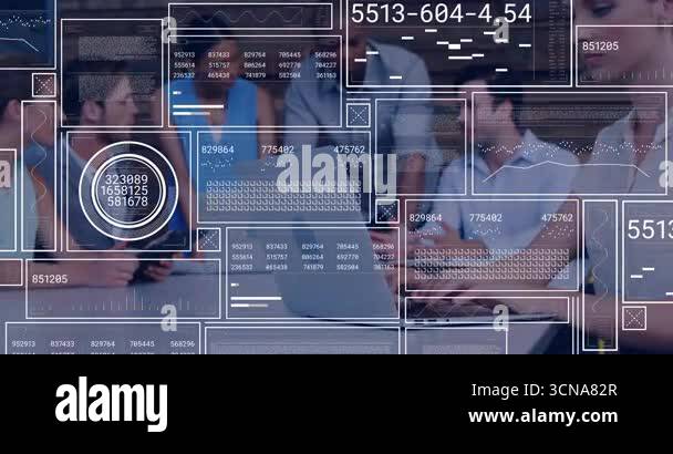 Man in gray tapping tablet activating animated data analytics overlays ...