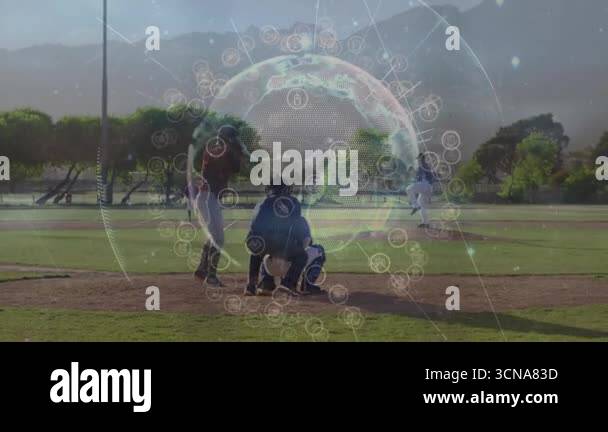 Pitcher lifting leg activating globe data icons in sports analytics as ...