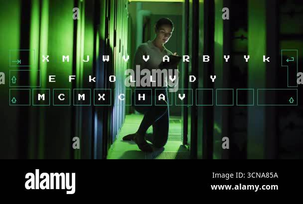 Technician kneeling in data center tapping tablet as virtual keyboard ...