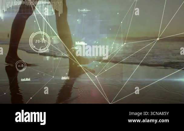 Female stepping onto wet sand at sunset, initiating tech nodes and data dials rippling ...