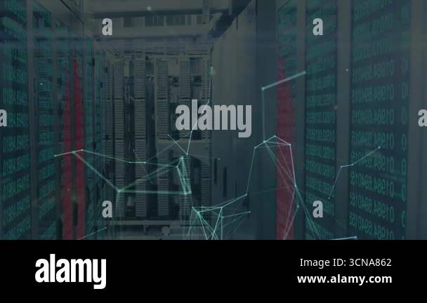 Faint lines appearing in server aisle, wireframe nodes pulsing connecting representing data ...
