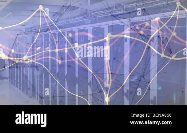 Upon clip opening server racks overlaying animated lines and nodes pulsing to visualize data ...