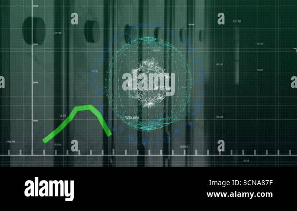 Upon appearing green line graph rising, oscillating around rotating 3D ...