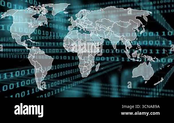 Streaming binary code starting map expanding forming borders adding hexagon motifs for data ...