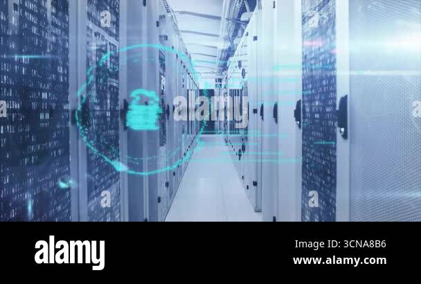 Padlock icon materializing and pulsing on overlay as data streams gliding showing secure access ...