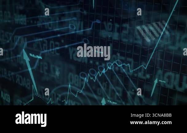 On load animating line graph with pulsing arrows rising on grid backdrop representing market ...
