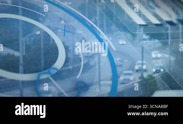 On start digital overlays fading in over highway curve, rotating arcs ...