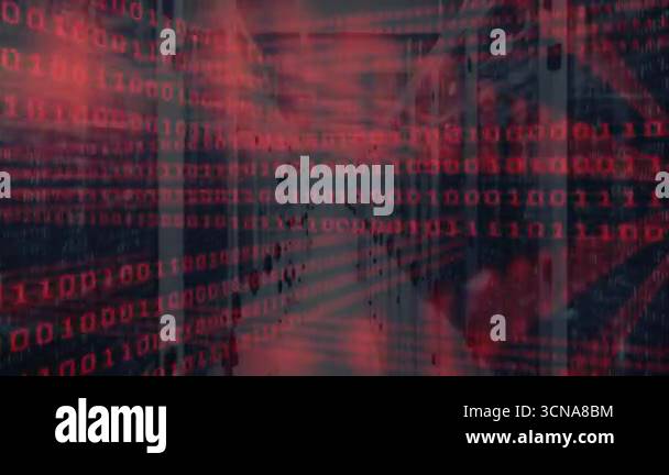 Opening server rack aisle activating red binary code scrolling across hall for showing data scan ...