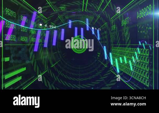 Moving camera passing tunnel with purple bars growing and line graph ...