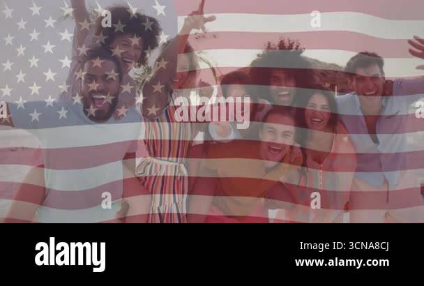 Friends gathering beach for tourism starting flag overlay, climbing ...