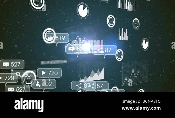 Social analytics UI opening over starfield updating charts and pulsing ...