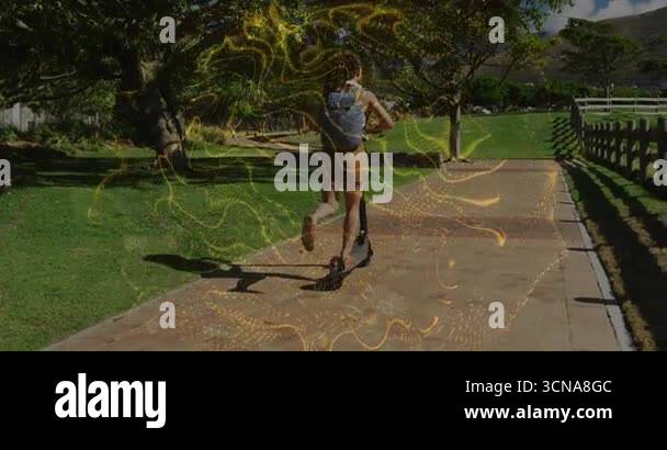 Woman stepping onto e-scooter, starting golden patterns tracing wheels ...