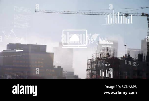 Cloud monitor icon appearing above construction site initiating rising ...