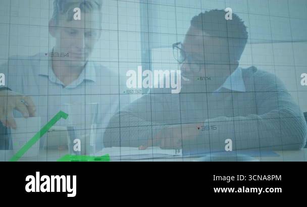 Colleagues reviewing docs while animated green line chart appearing and ...