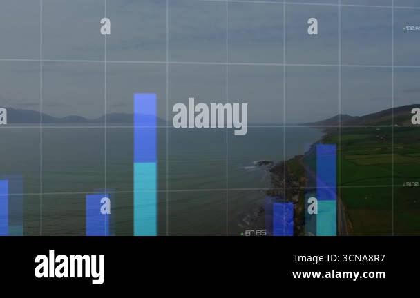 Coastal aerial shot launching grid overlay, bars rising, map forming ...