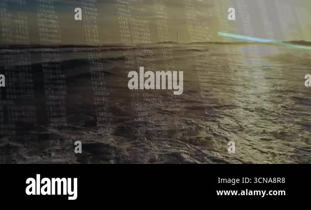 Upon opening, ocean waves rolling, codes fading and cyan lines scanning ...