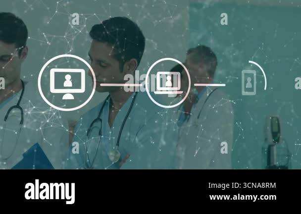 Doctors smiling as network animation flowing from desktop to laptop to ...