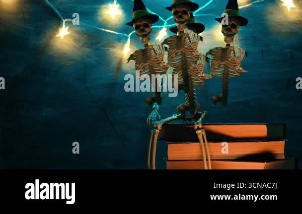 Halloween Scary Books. Dancing Skeleton with Garland.Skeleton Wearing ...