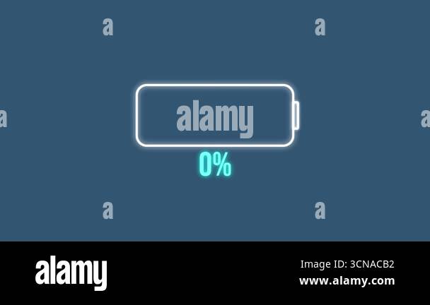 Animation showing a battery icon filling from 0% to 100% on a blue ...