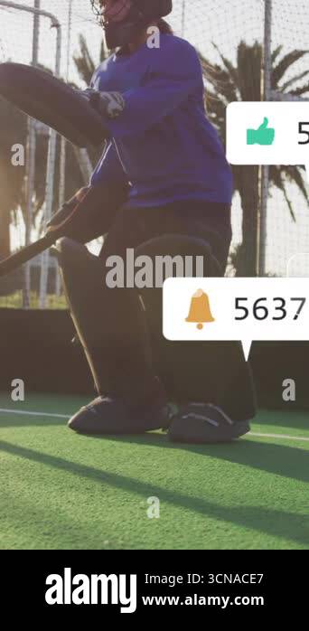 On field, hockey player with animation of social media interaction ...