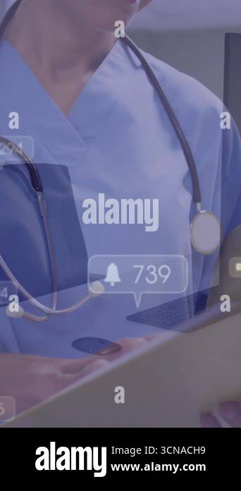 Animation of notification icons with numbers over female caucasian ...