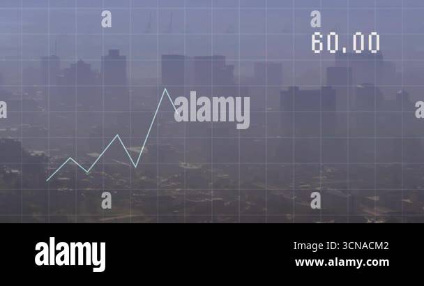 Hazy skyline fading in with grid, white line graph growing peaks ...