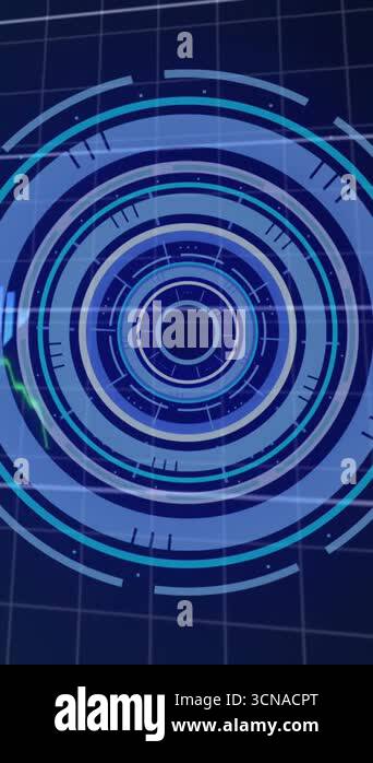 Animation of neon round scanner spinning over financial data processing ...